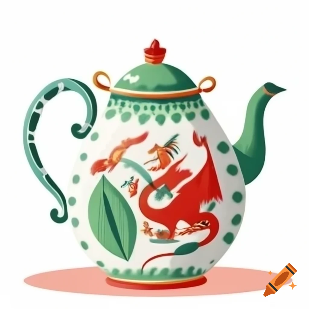 Teapot with white, green, and red colors featuring a dragon design on ...