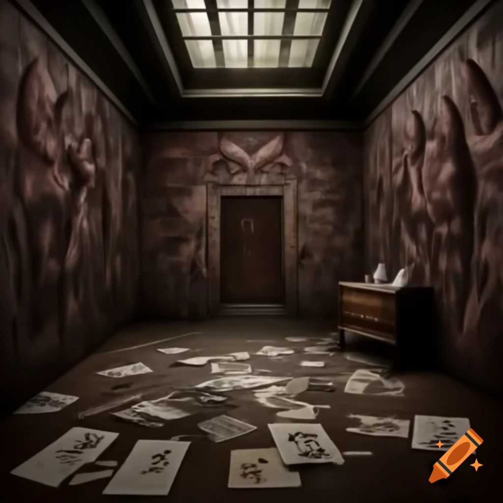Eerie house interior with demonic drawings and depictions on walls on ...