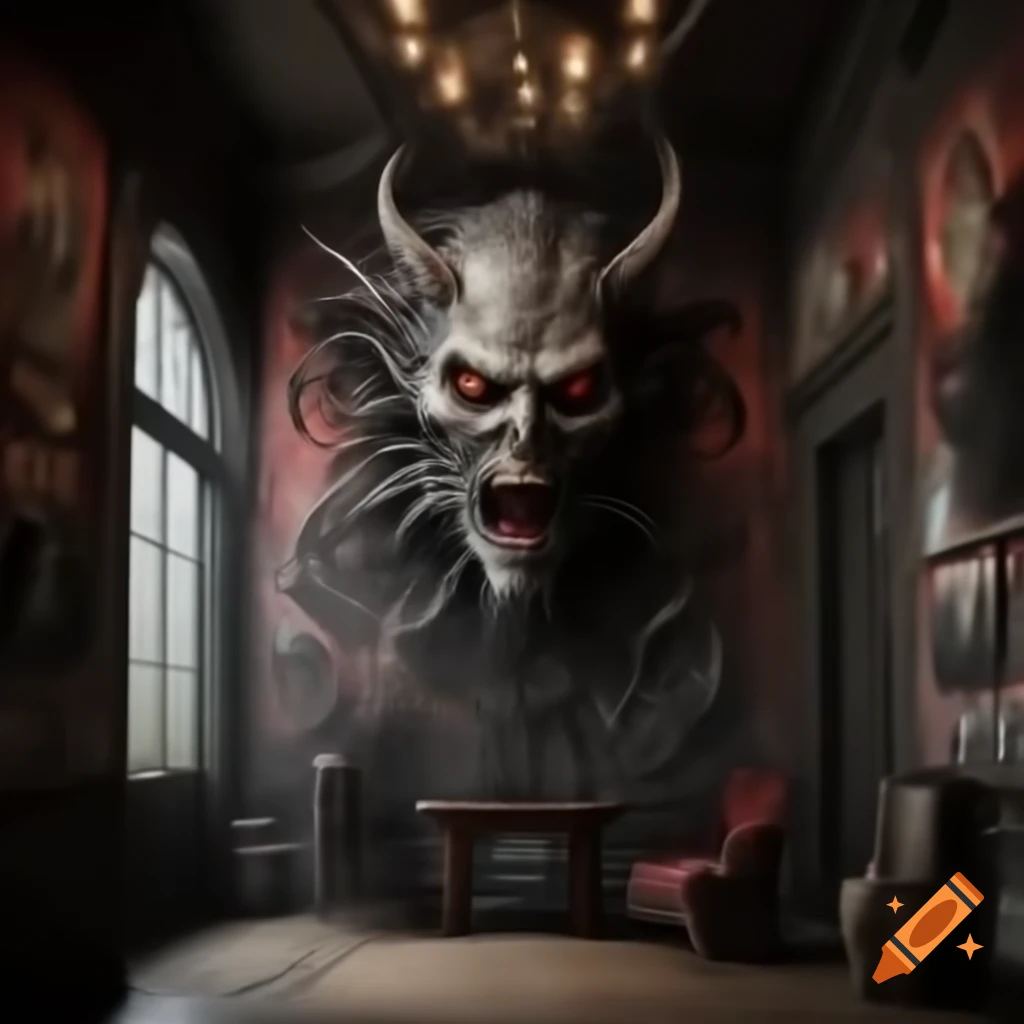 Realistic scary house interior with demonic drawings on walls on Craiyon