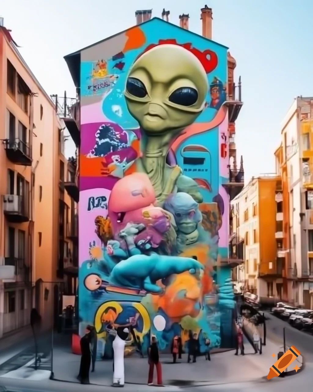 Colorful street art mural with alien quotes and vibrant designs in ...