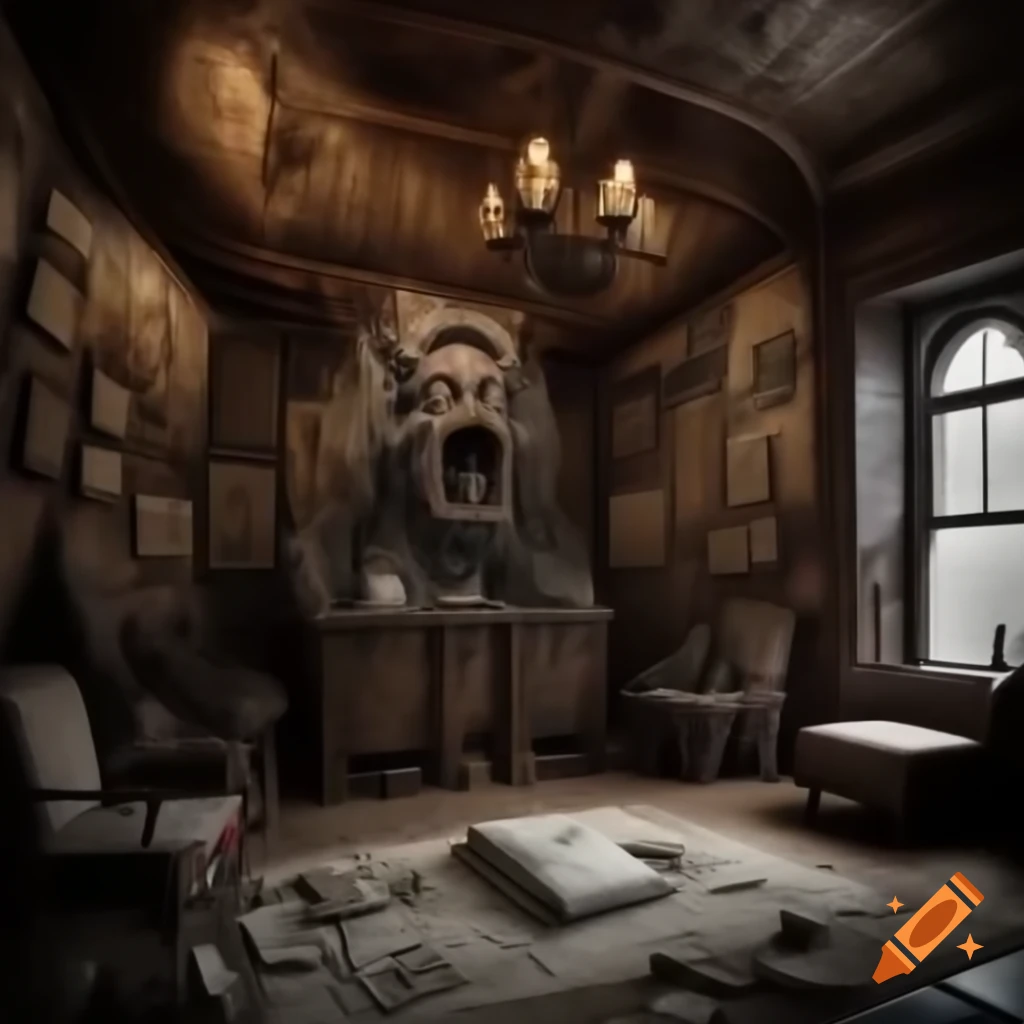 Realistic scary house interior with large room and demonic artwork on ...