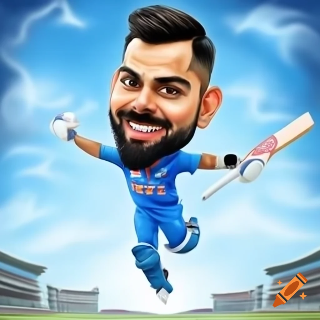 Whimsical caricature of cricketer virat kohli with exaggerated features ...