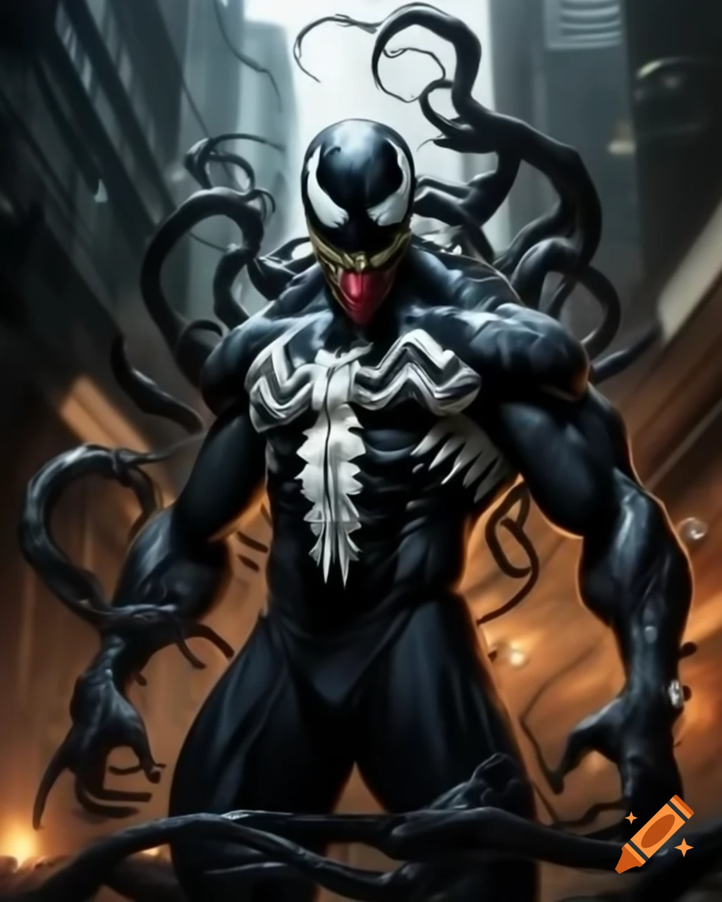 Venom in dark city alleyway with swirling symbiote tendrils on Craiyon