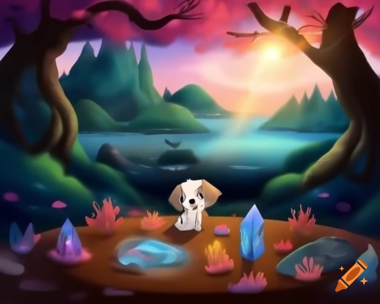 Adorable puppy portrait in mystical forest setting, HDRI photography on ...