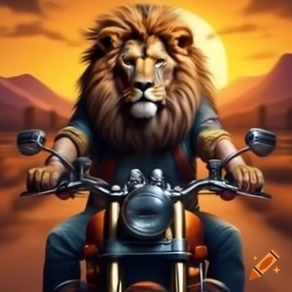 Smiling lion in biker outfit riding motorcycle at sunset on Craiyon