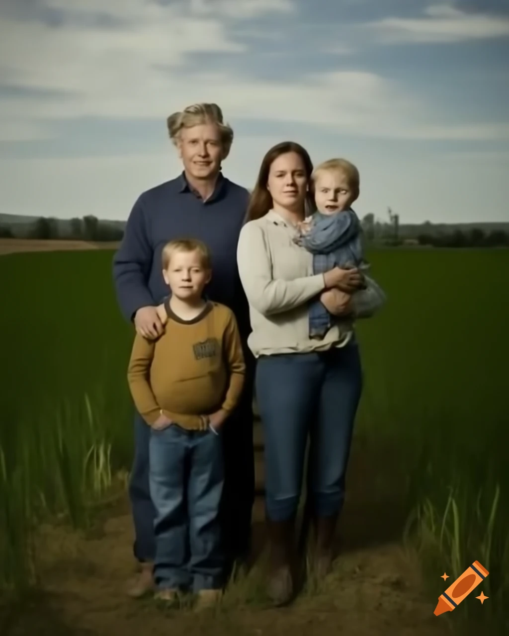 Rural farmer's family in modest home surrounded by fields, symbolizing ...