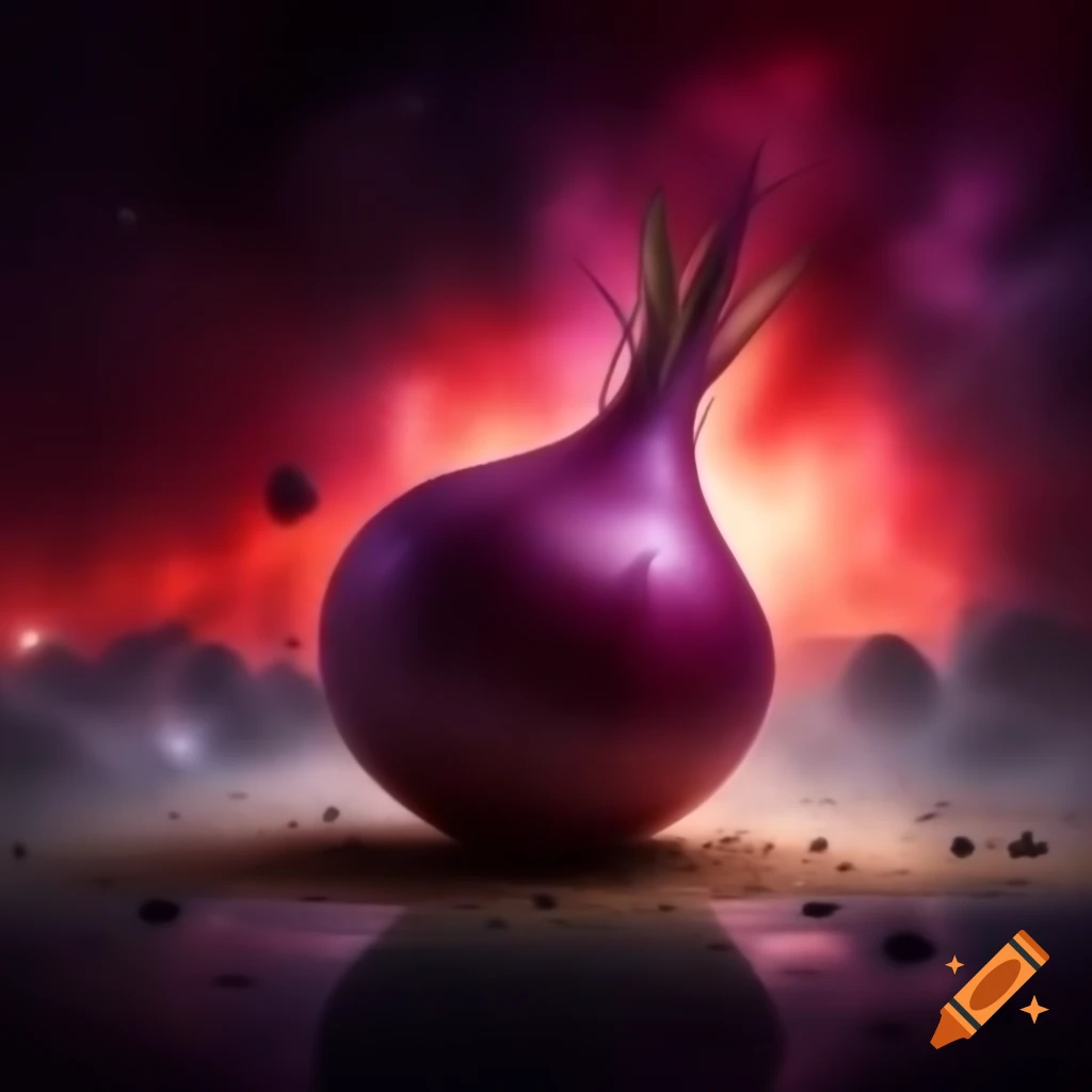 Surreal image of crimson onion with cosmic particles in a mystical ...