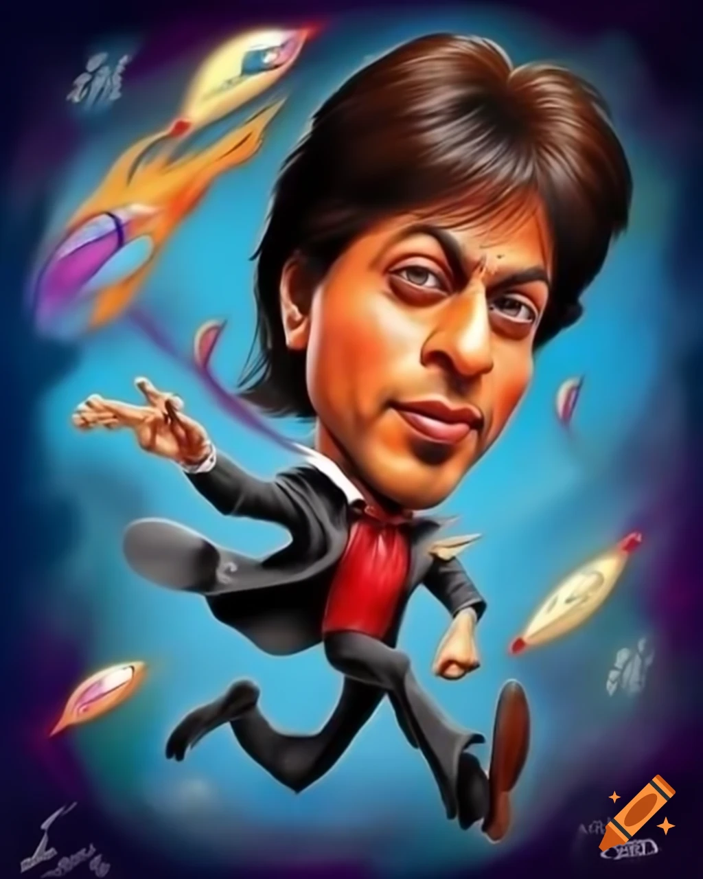 Whimsical caricature of bollywood star shah rukh khan reaching skyward ...