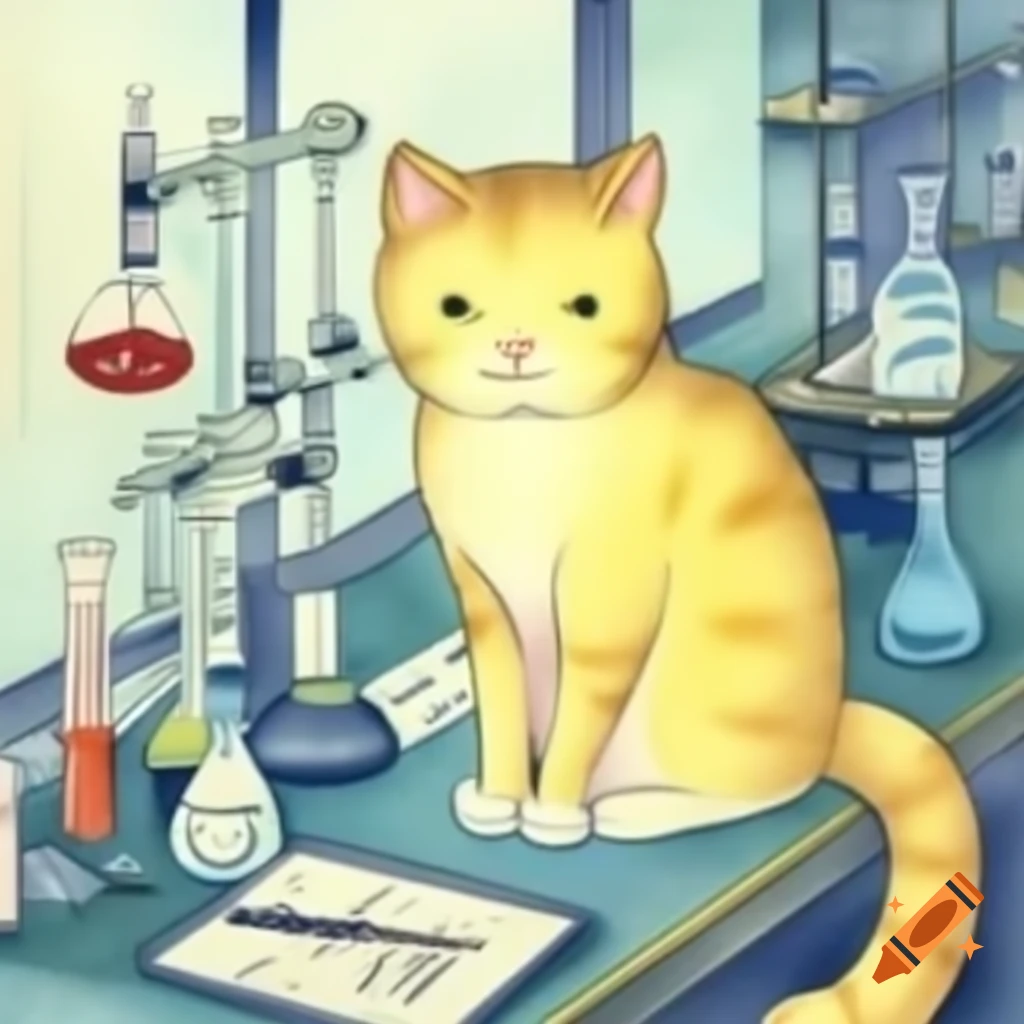 Watercolor painting of yellow cat in science laboratory, inspired by ...