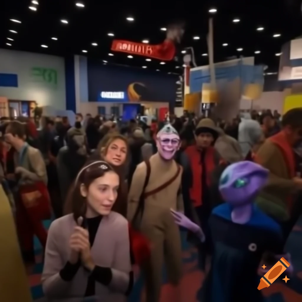 Lively convention scene with people in alien costumes sharing stories ...