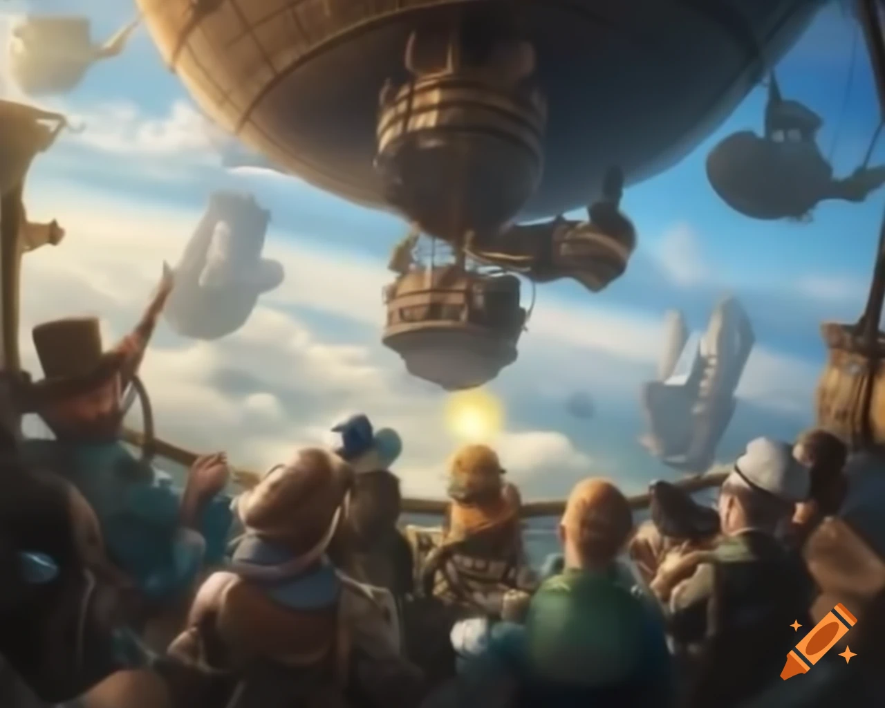 Steampunk airship adventure soaring through clouds with clockwork ...