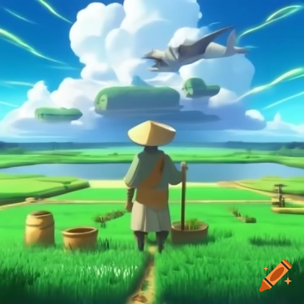 Anime illustration of farmer in traditional attire amidst dramatic ...