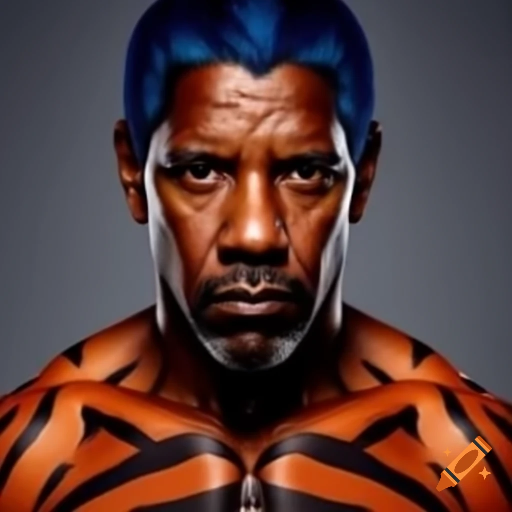 Muscular man with tiger-style makeup, blue hair, and orange skin on Craiyon