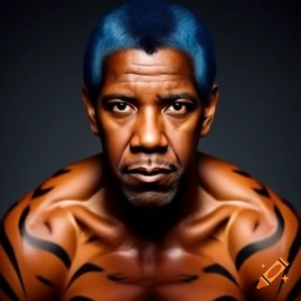 Muscular figure with tiger-style makeup, blue hair, and orange skin on ...