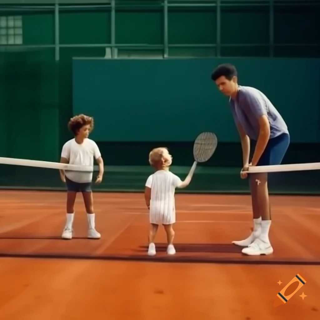Tennis court with professor teaching young players holding rackets on ...