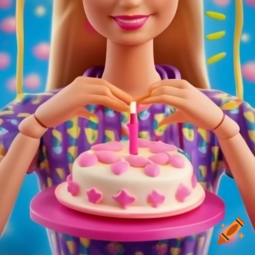 Barbie doll with mackie face mold holding birthday cake on Craiyon