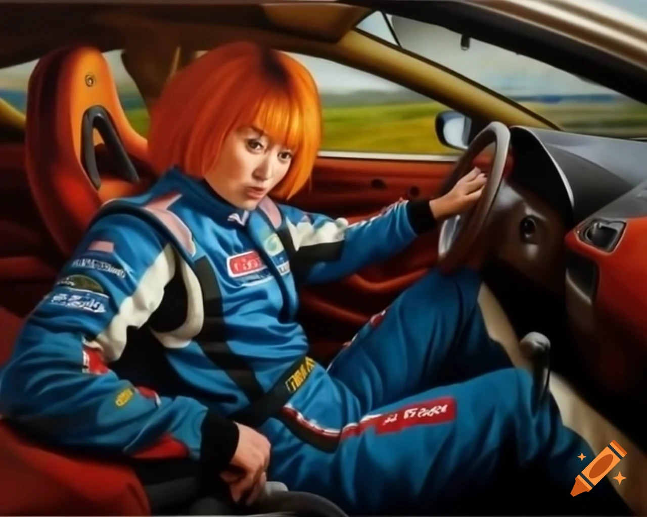 Impressionist painting of female race driver next to damaged Renault ...