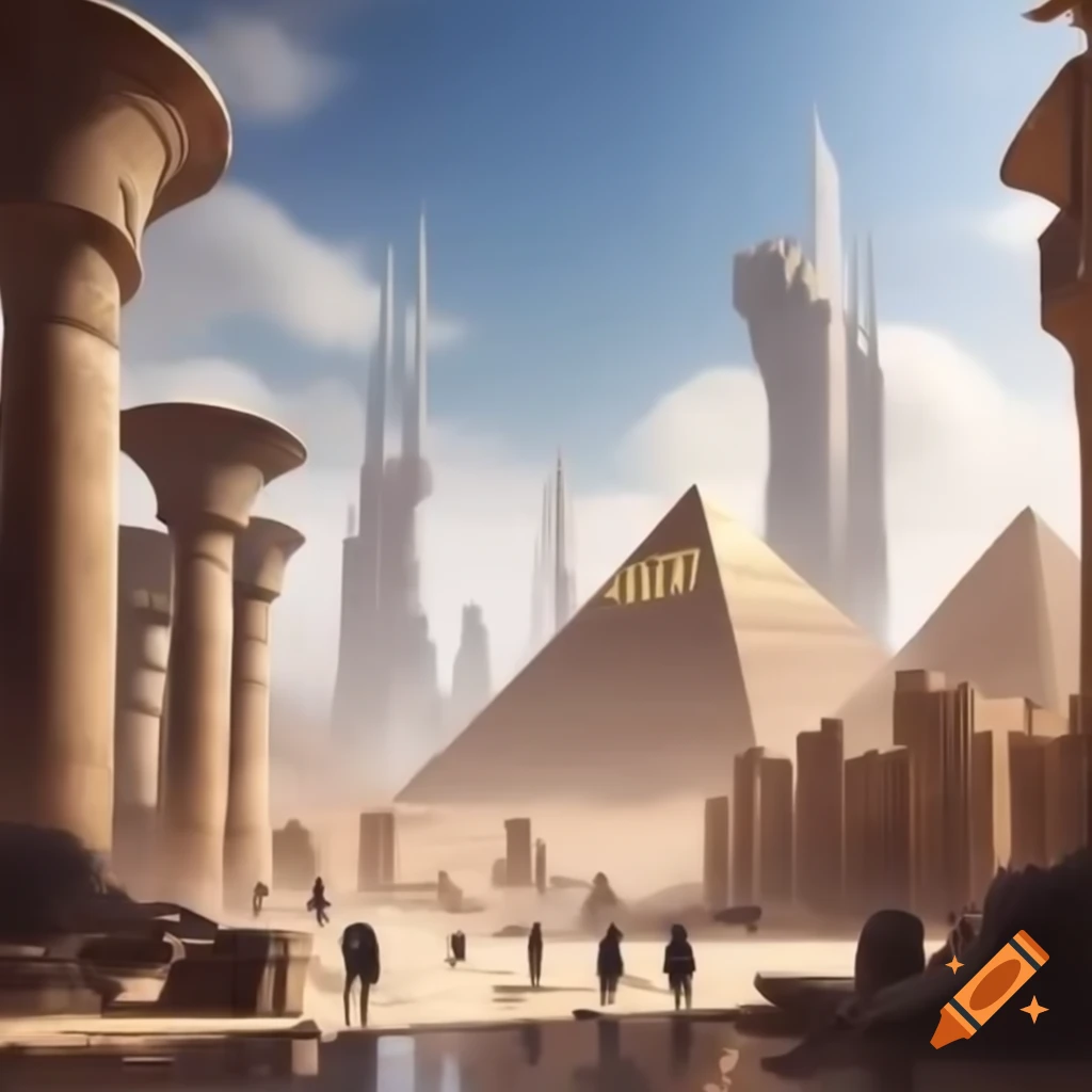 Modern cairo skyline merging with ancient egyptian pyramids and temples under vibrant sky on Craiyon