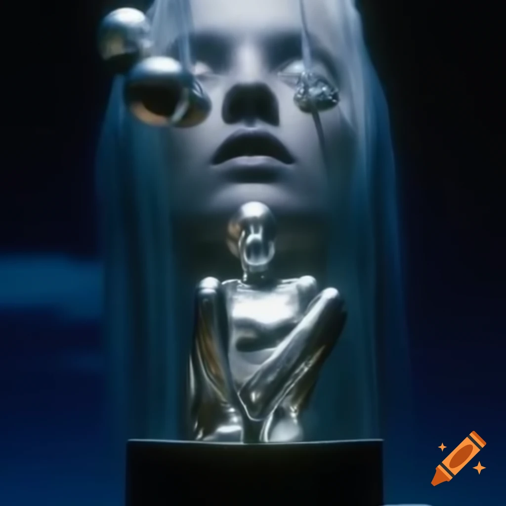 Pop surreal photography featuring silver statue from the 2000s on Craiyon