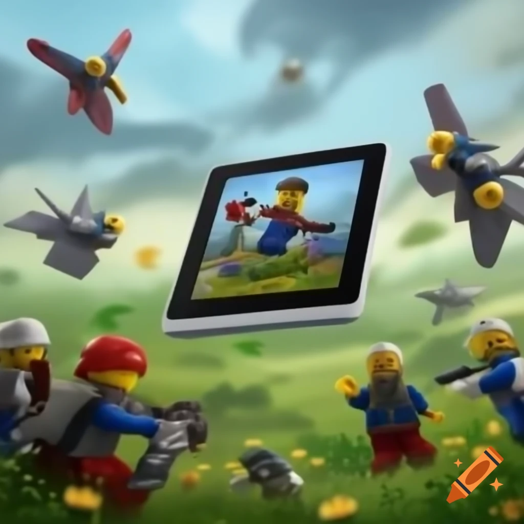 Tablet flying above modern battlefield with soldier resembling Lego and ...