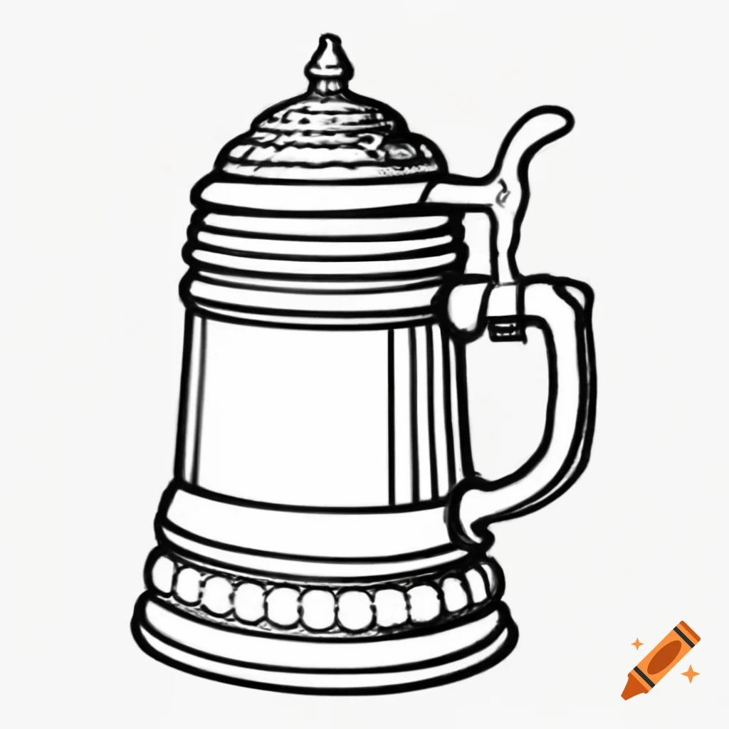 Black and white line drawing of a gold and silver drinking stein on Craiyon