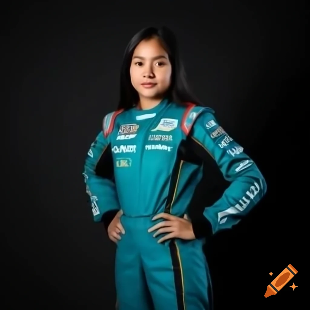 Young female filipino racer in turquoise and teal racing suit with ...