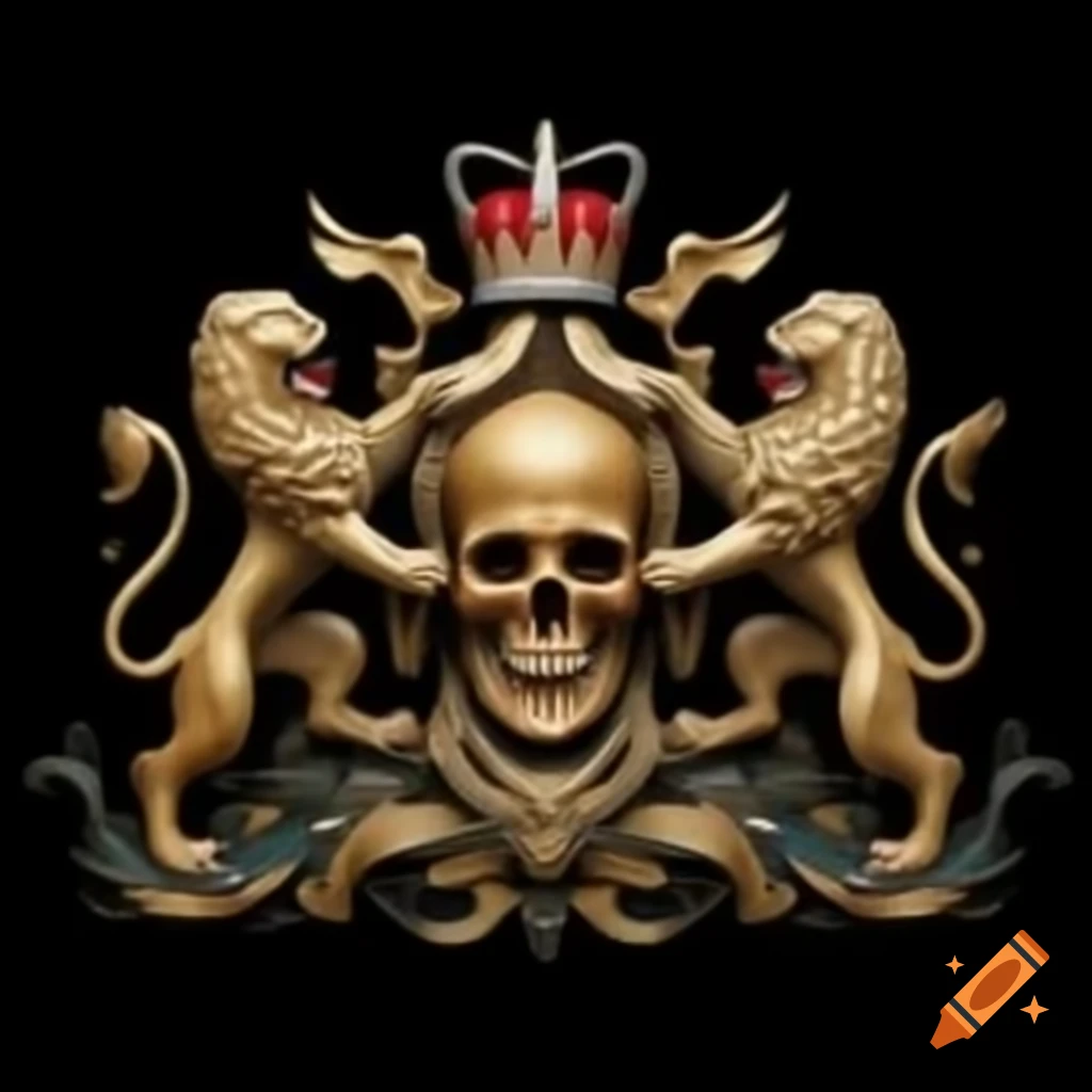 Royal crest featuring lions and a skull with a seven pointed crown and ...