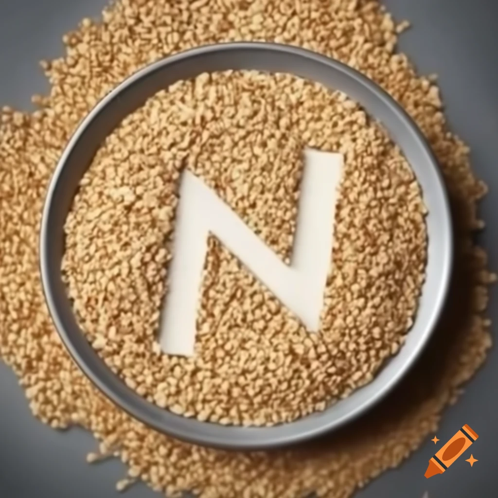 Letter 'm' crafted from malt grains on metal plate on Craiyon