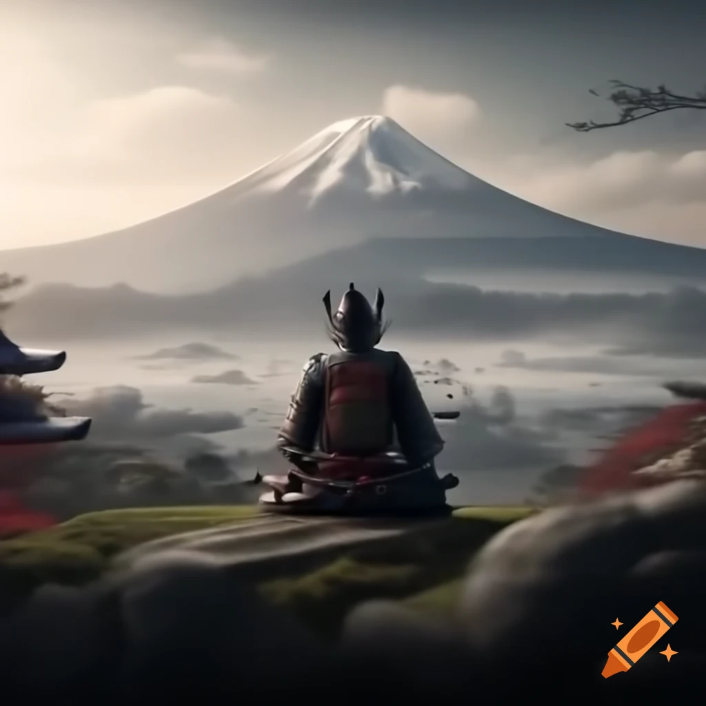 Meditating samurai overlooking misty valley with Mount Fuji and dojo on Craiyon