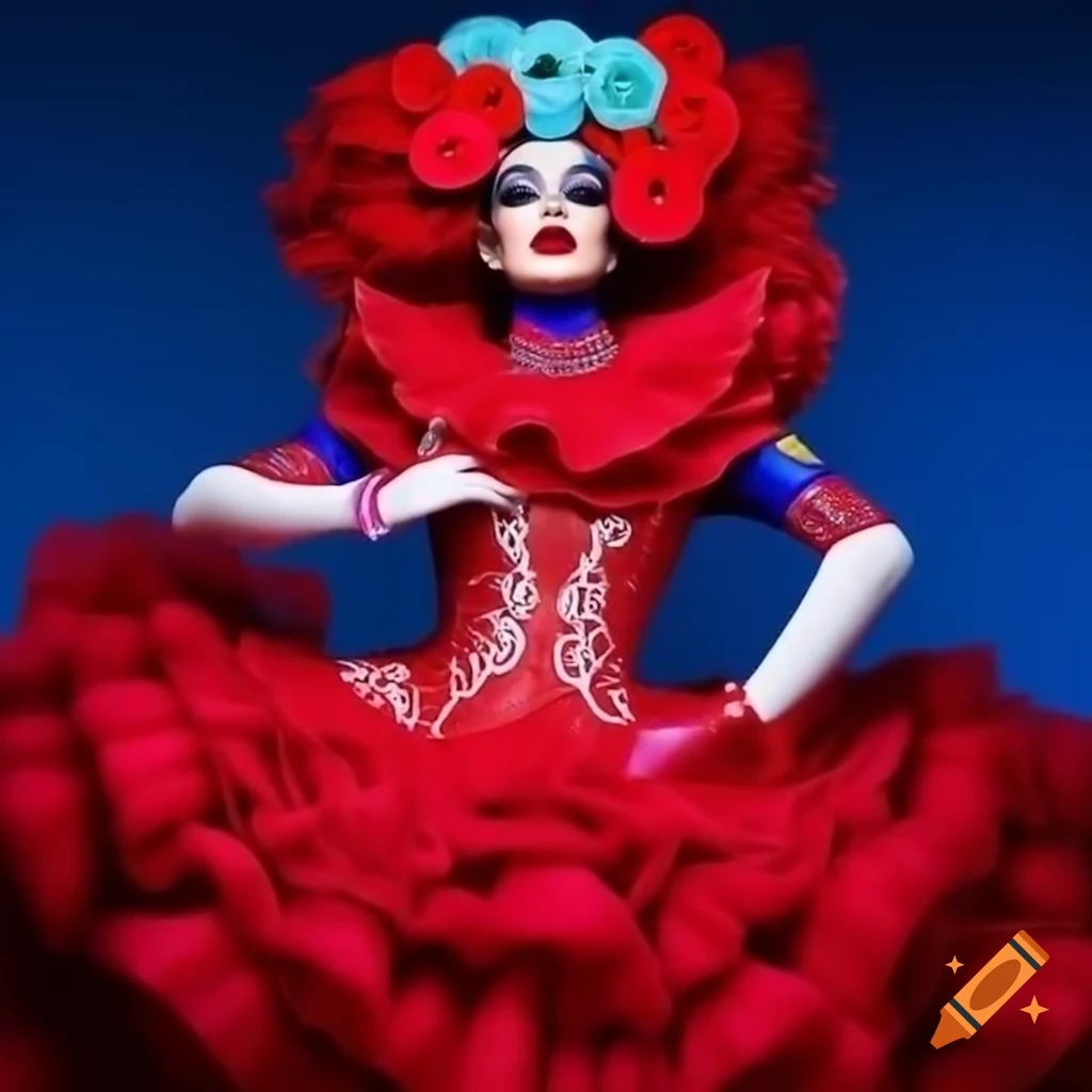 Stunning red and blue ruffled gown worn by drag queen Poppy Chulo ...