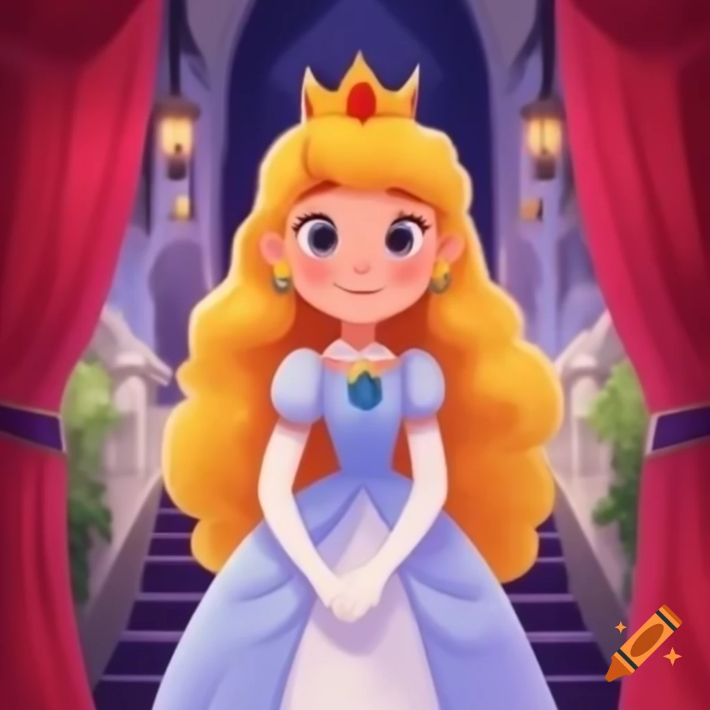 Cartoon drawing of a princess inside a castle on Craiyon