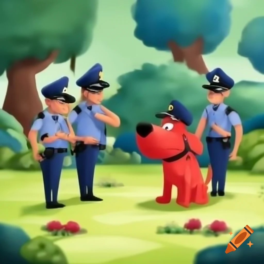 Cartoon policemen searching for a lost red dog in a garden on Craiyon