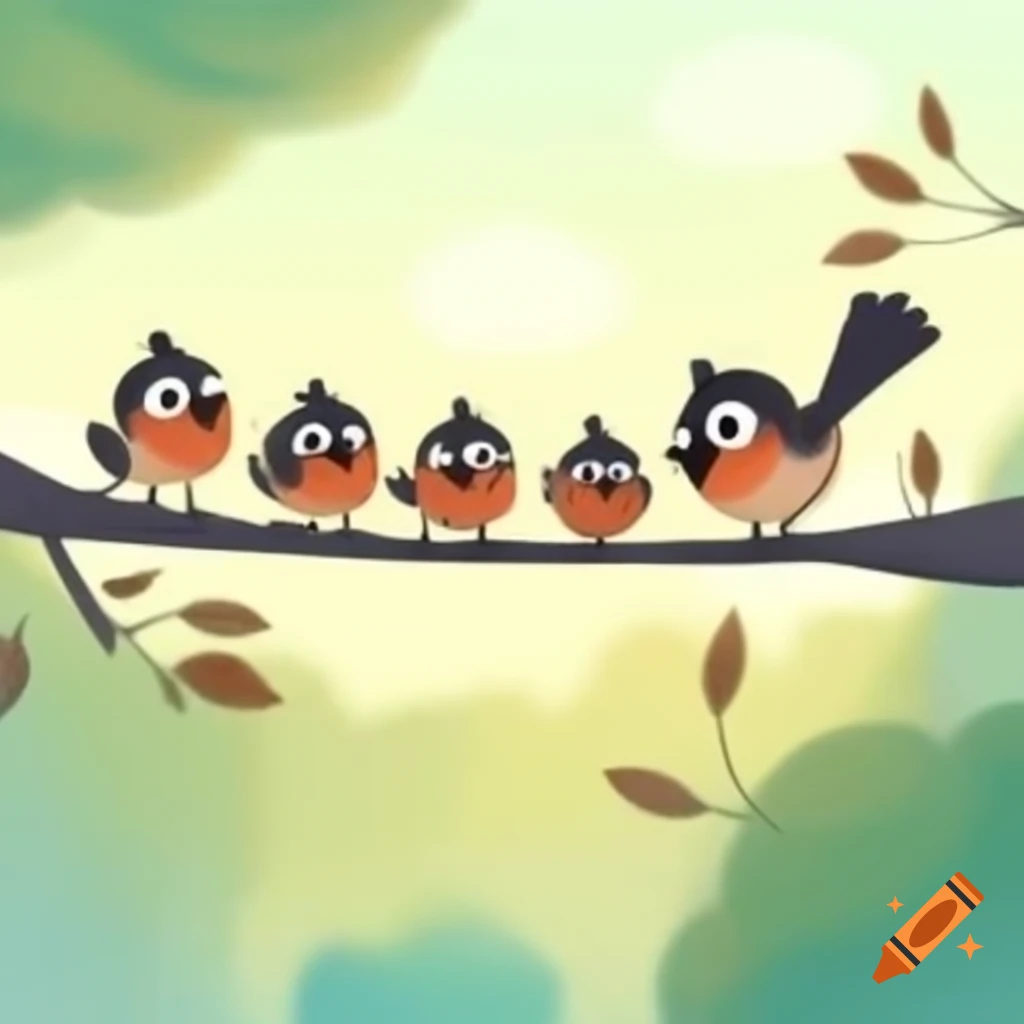 Cartoon of five sparrows including three baby sparrows on tree branch ...