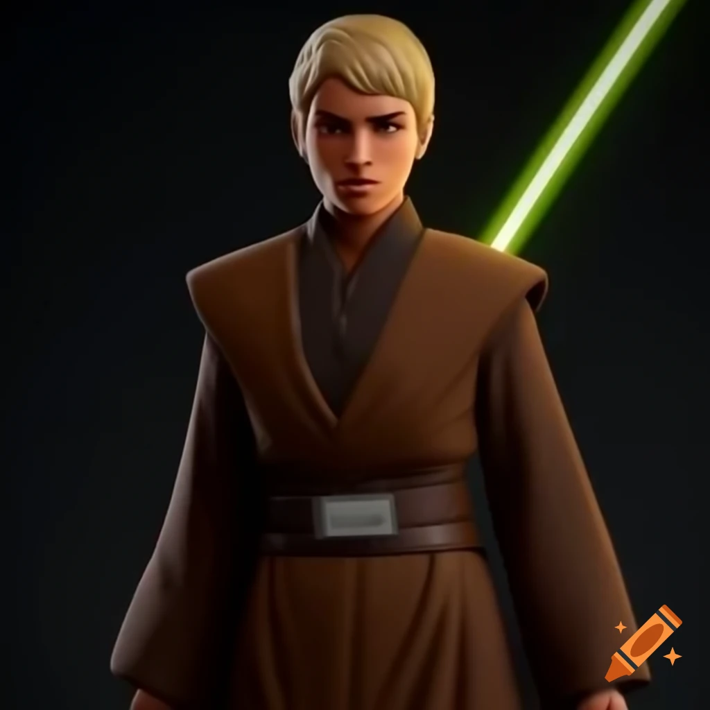 Jedi in brown robes with short blond hair wielding a yellow lightsaber ...