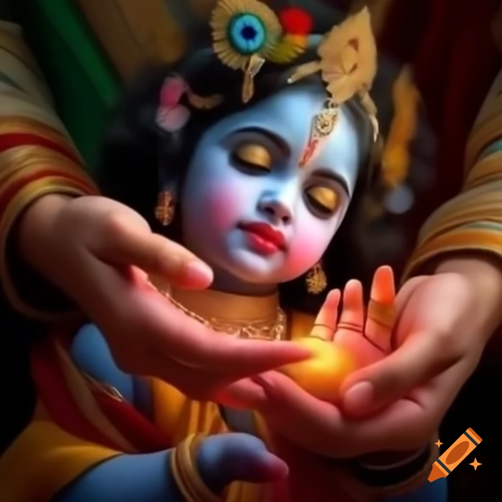 Lord Krishna as a divine child dressed in vibrant traditional silk with ...