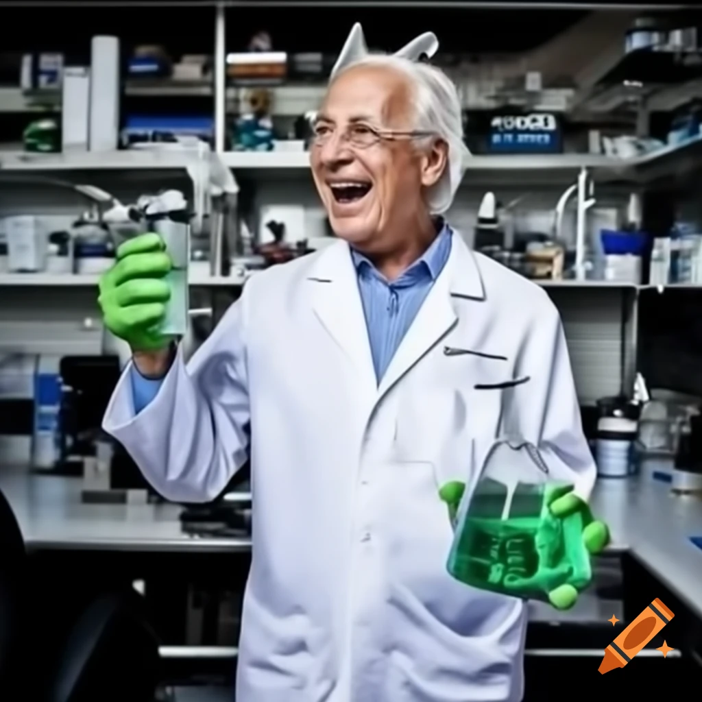 Mad scientist dr. stein laughing in laboratory holding green toxic acid on Craiyon
