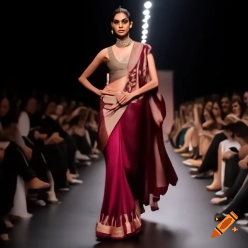 Model showcasing modern Indo-Western saree at Paris Fashion Week on Craiyon