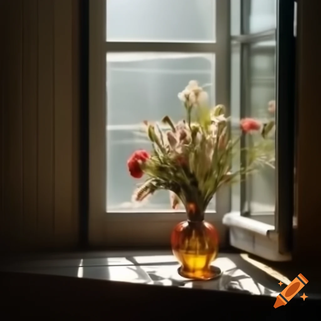 Sunlight through window illuminating vibrant vase of colorful flowers ...
