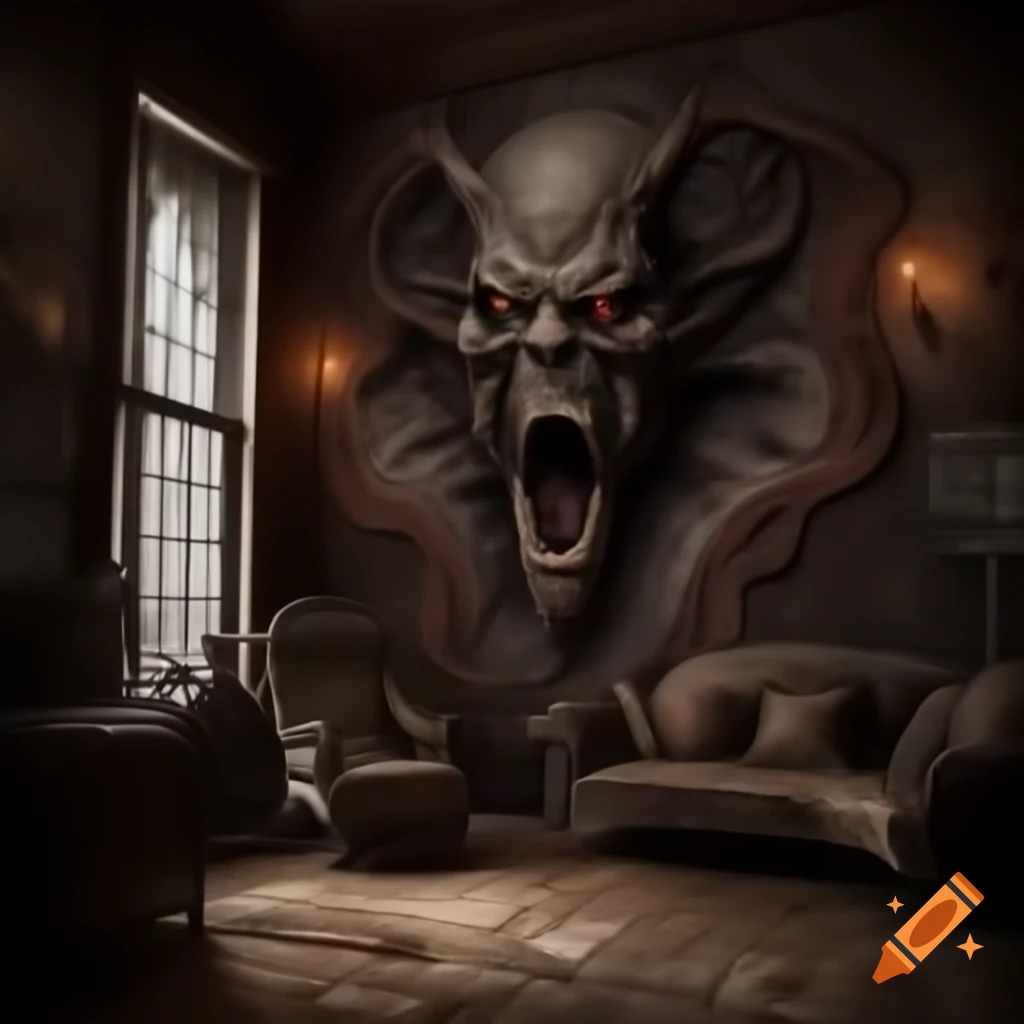 Realistic scary house interior with demonic drawings on walls on Craiyon