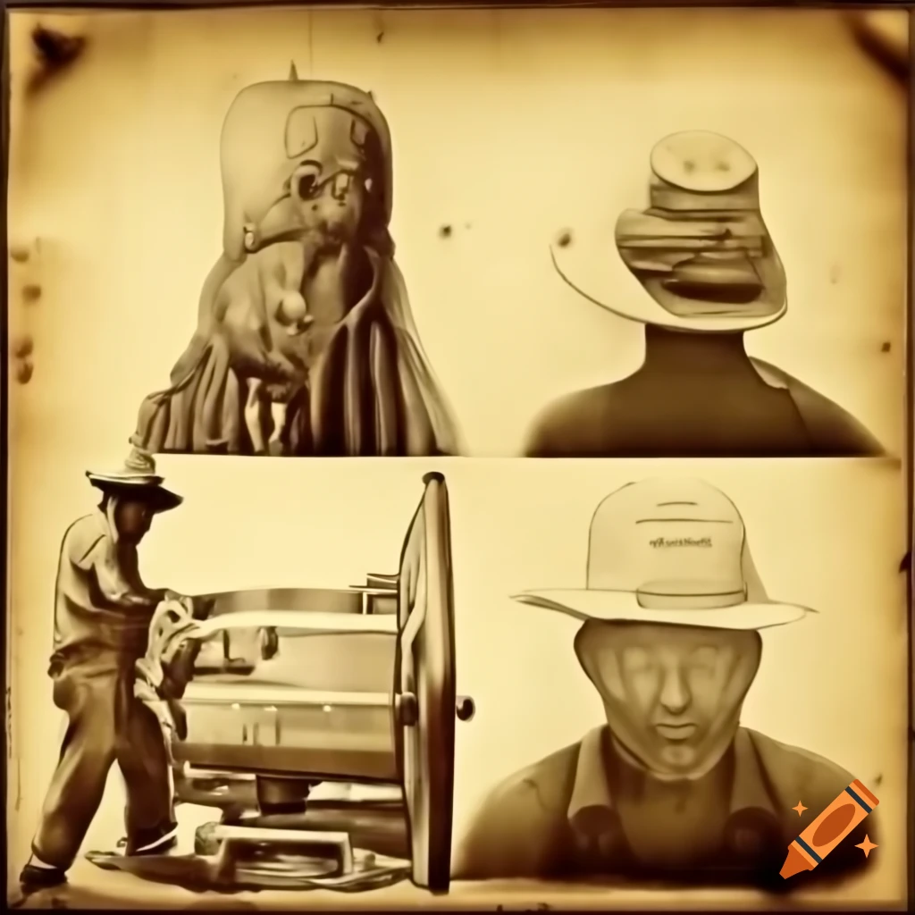 Sepia-toned drawing of half-man half-machine from farm equipment on Craiyon