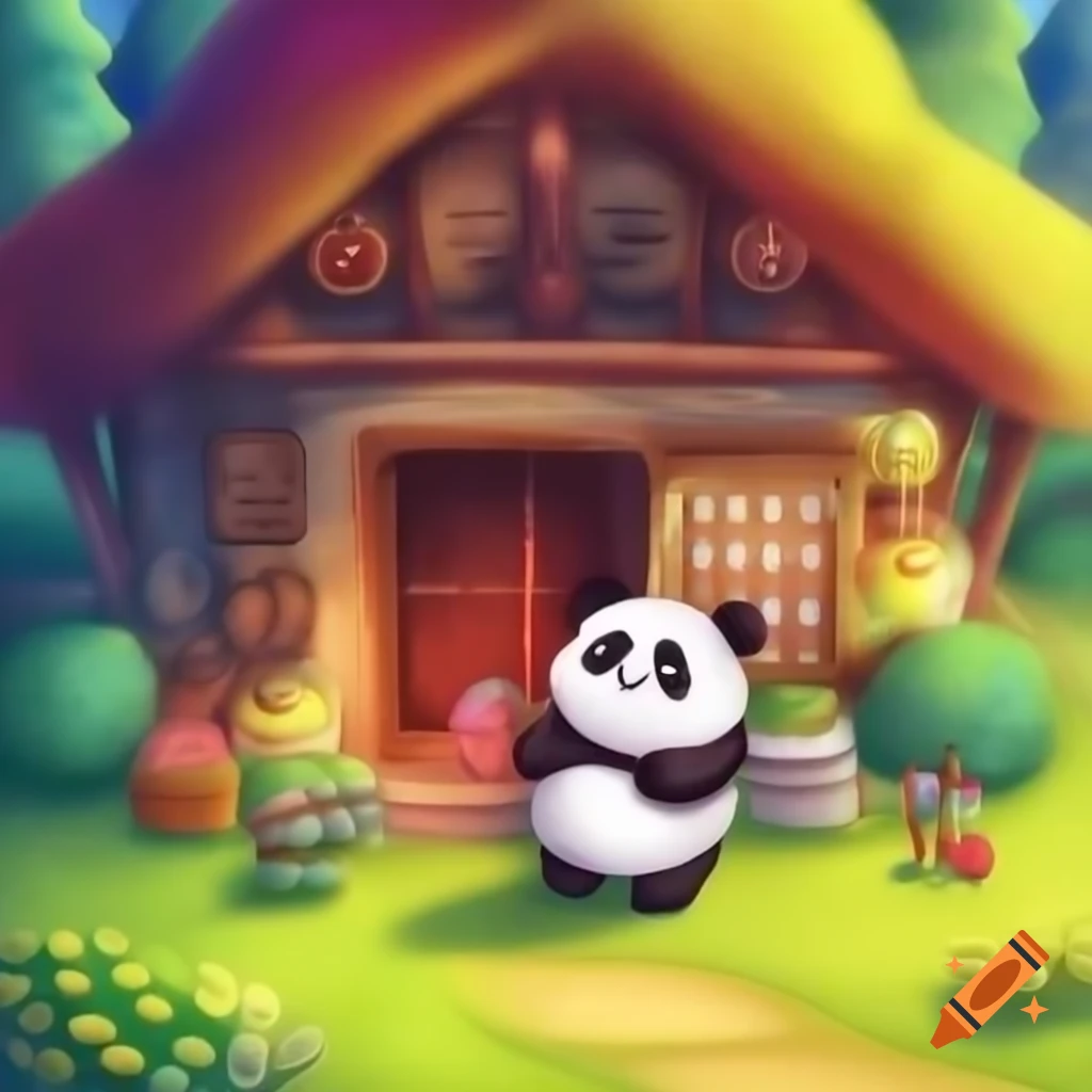 Chubby panda Shelly with parents in front of cottage house holding ...