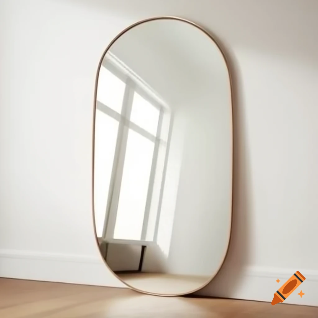 Oval-shaped mirror with frame in an empty room or natural setting on ...