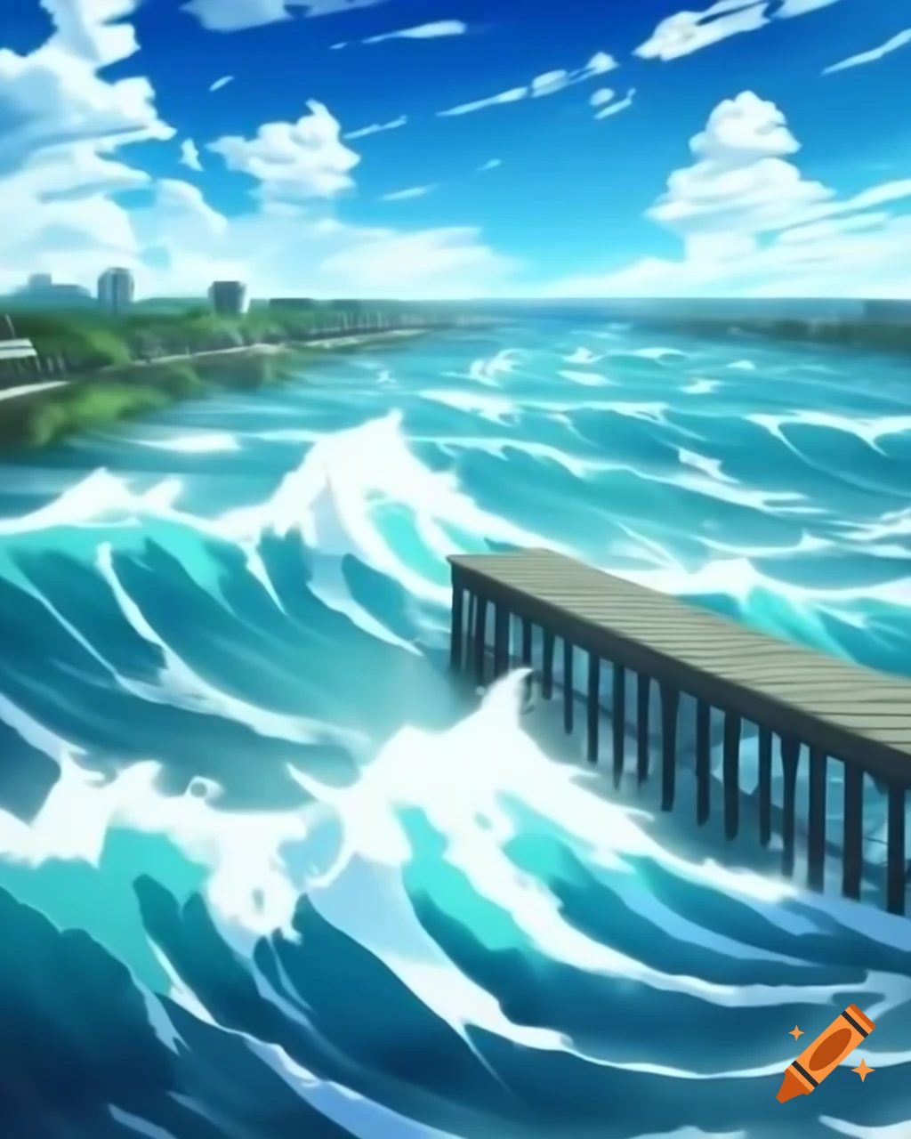 Anime depiction of flooding with strong waves crashing onto shore on ...