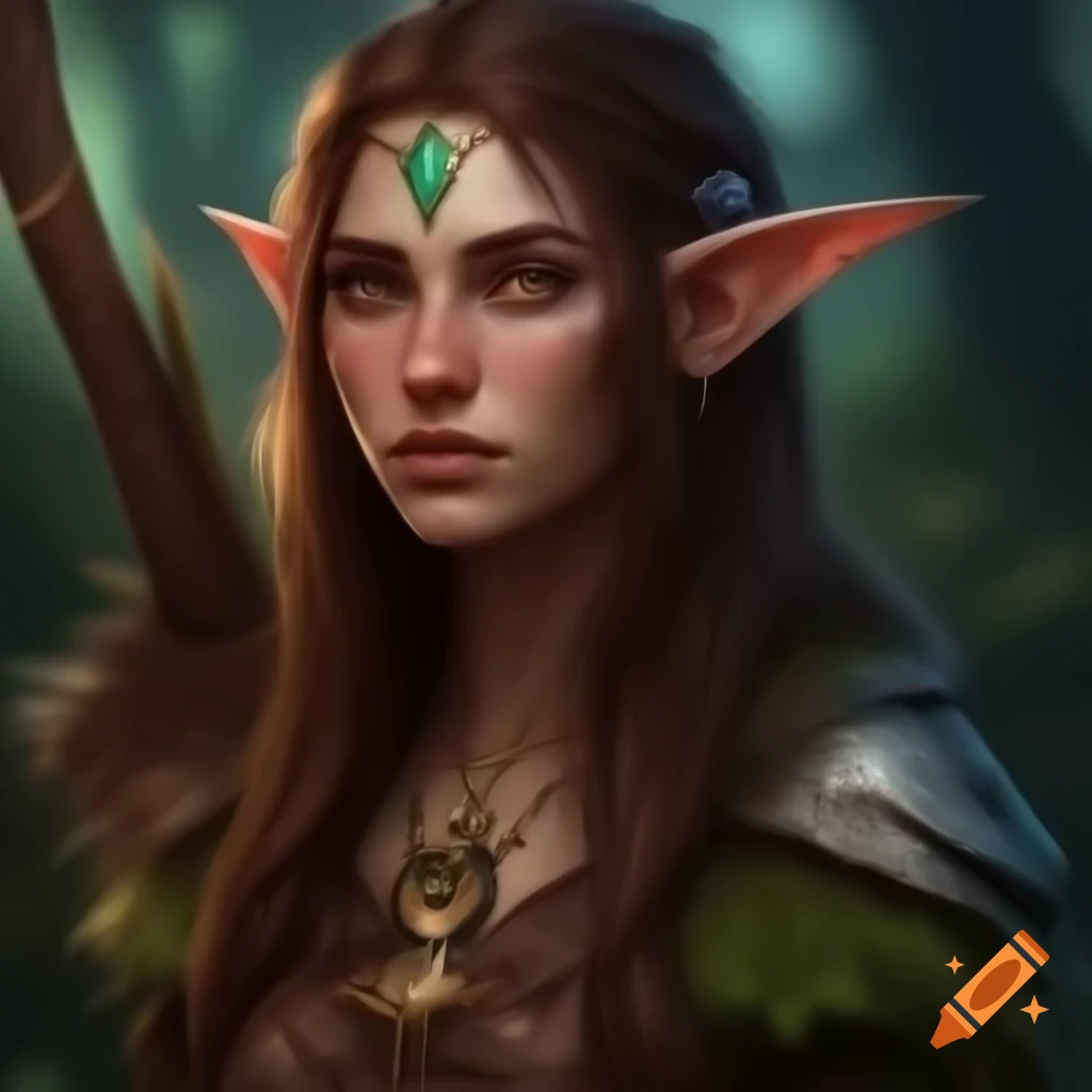 Realistic full-body depiction of a female half-elf druid with brown ...