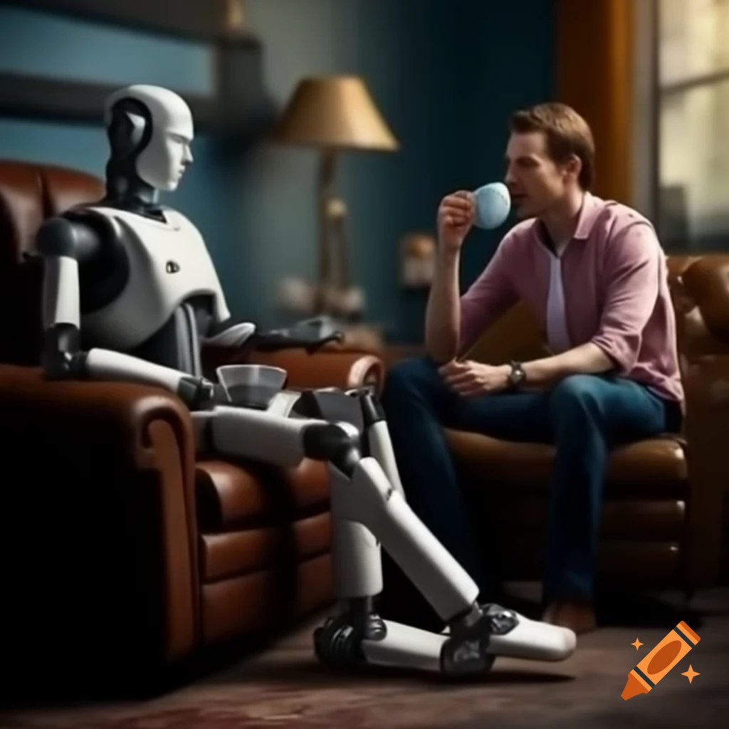Humanoid robot and human man sitting in armchairs, having a tea ...
