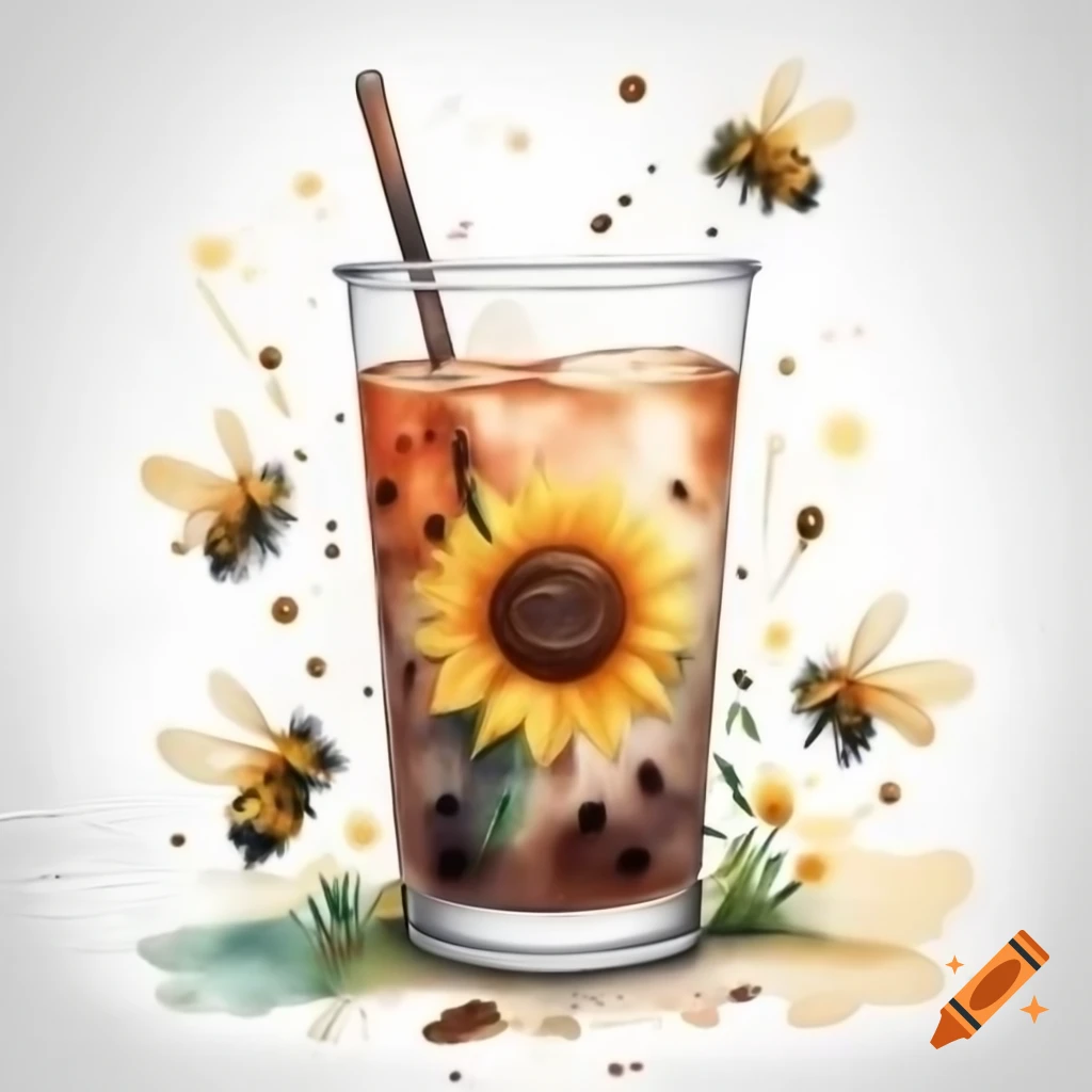 Aesthetic watercolor iced coffee with sunflower and bees on white ...