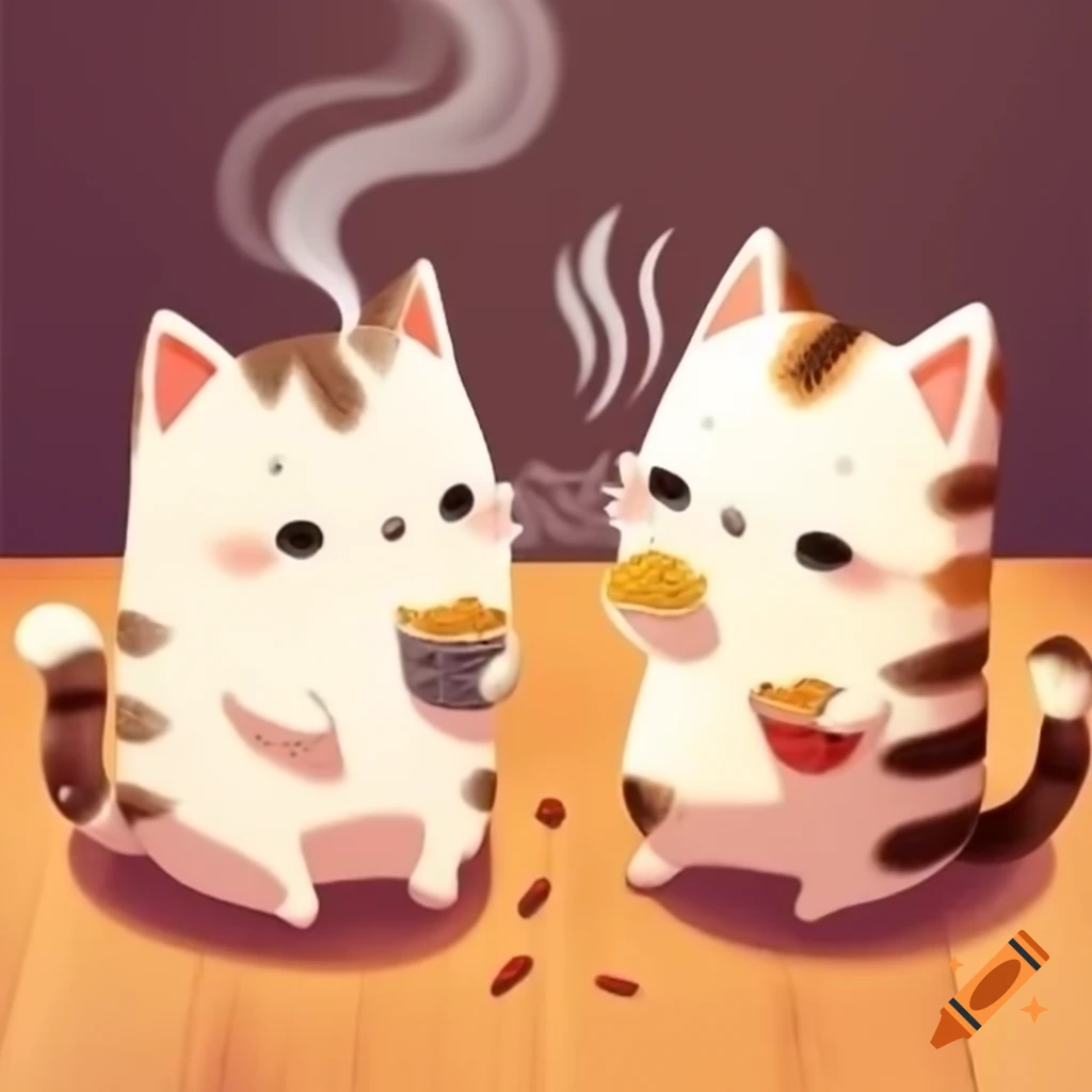 Two cute cats, a white and a calico, enjoying french fries on Craiyon