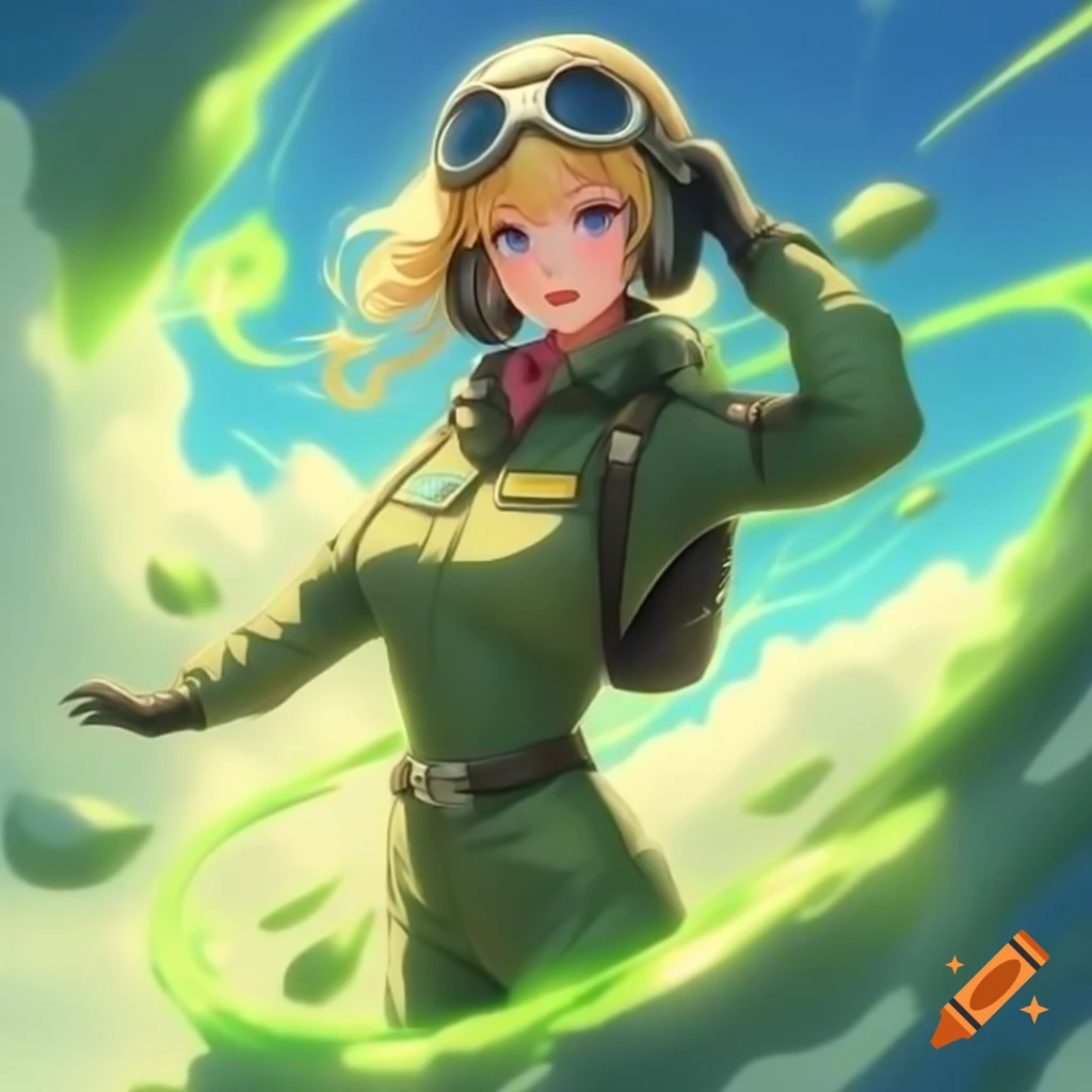 Charismatic anime magical girl in olive-green flight suit soaring with ...