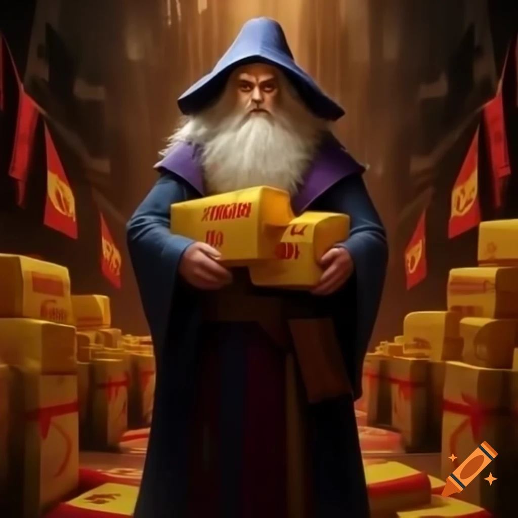 Old wizard holding dhl packages with magic wand in a hall full of ...