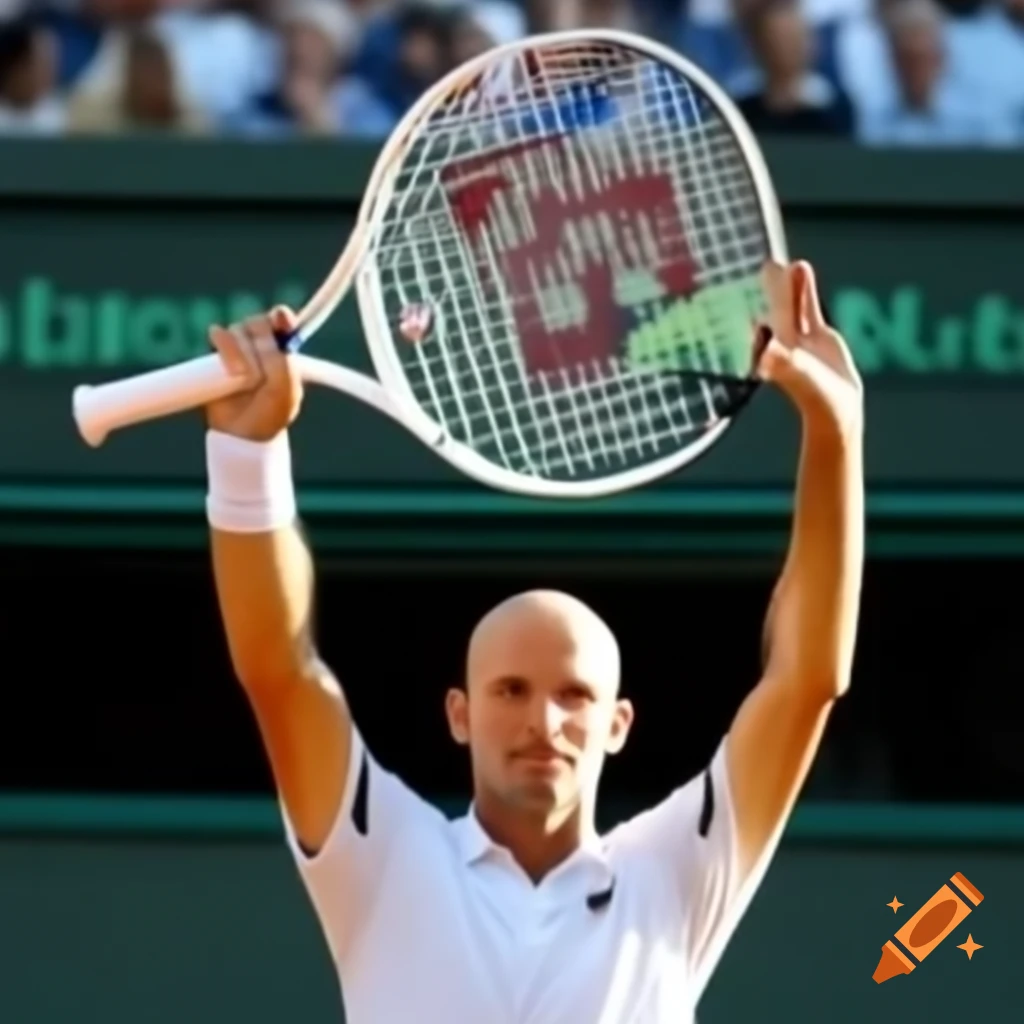 Bald man holding oversized tennis racket on tennis court on Craiyon